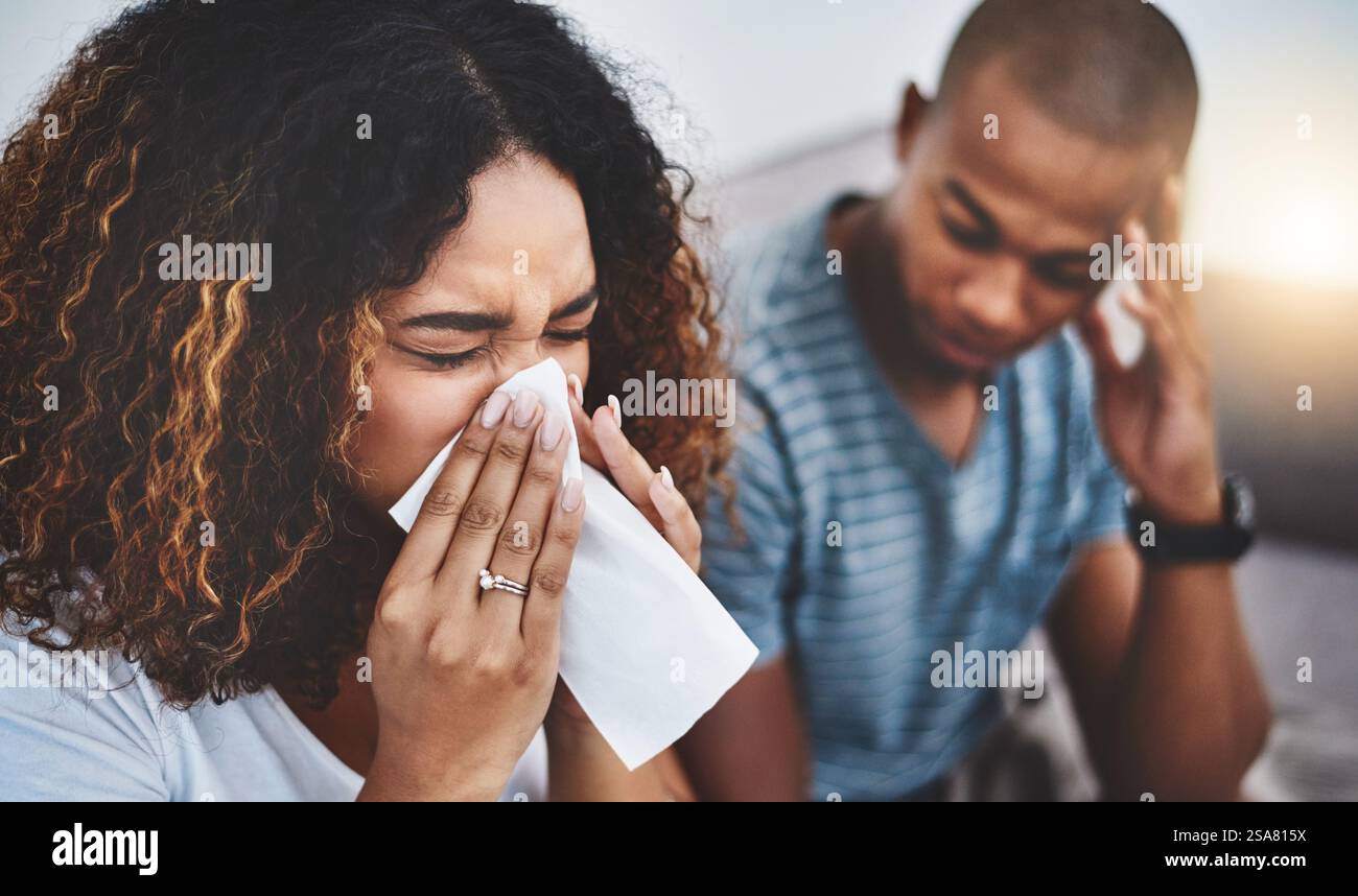 Sick, woman and sneezing with flu in home for allergy season or partner ...