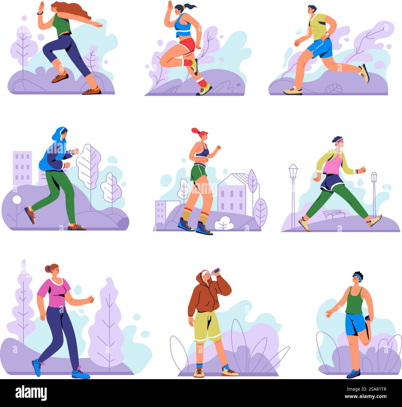 Cardio exercises for people, isolated male and female characters ...