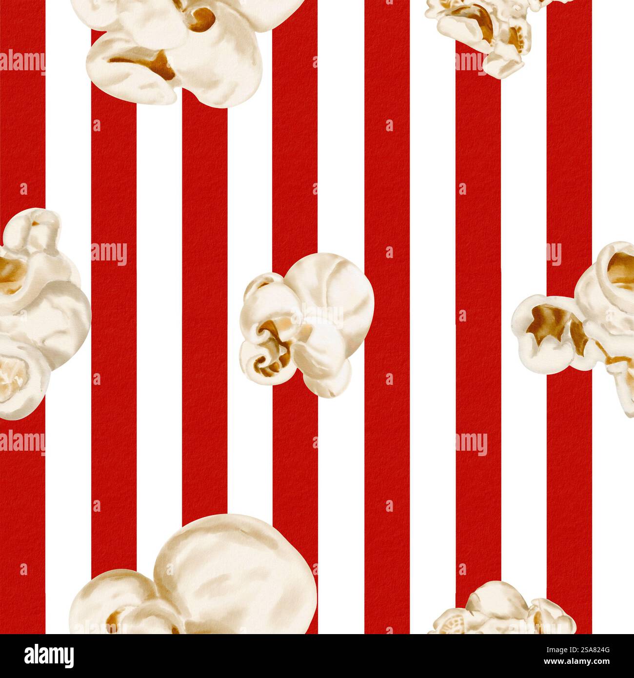 Popcorn on a striped background. Seamless pattern. Big popcorn and red ...