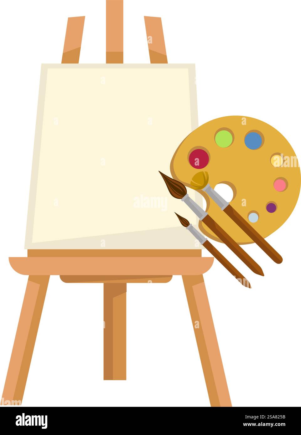Artist kit, isolated easel with empty canvas, board for mixing colors ...