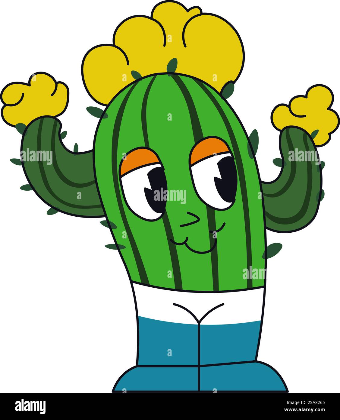Cheerful character in form of cactus with small spikes, big eyes, smile ...