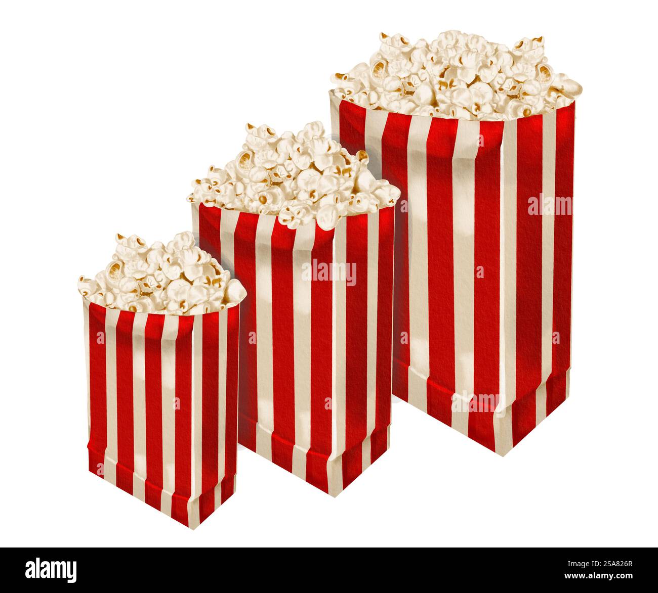 Popcorn in a paper bag. Different sizes of snack packaging. Classic ...