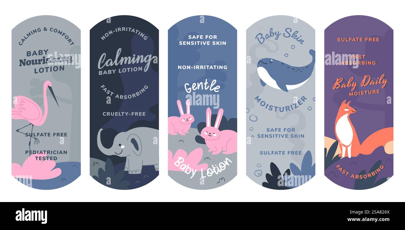 Sticker design collection for baby lotion package. Kid daily ...