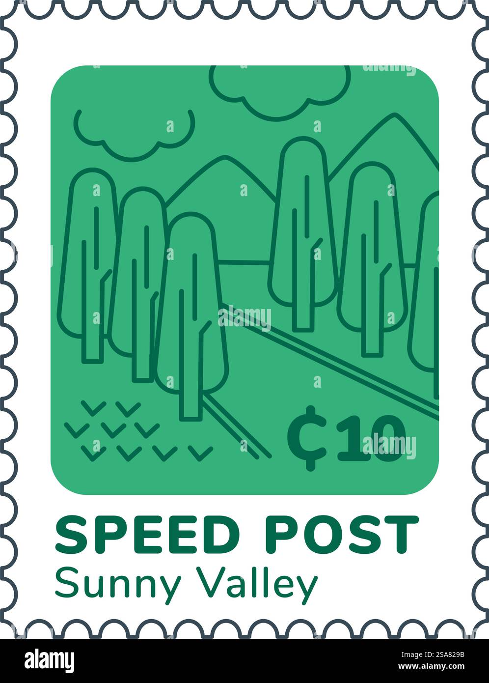 Postmark with sunny valley landscape, mountains and forest trees. Scene ...