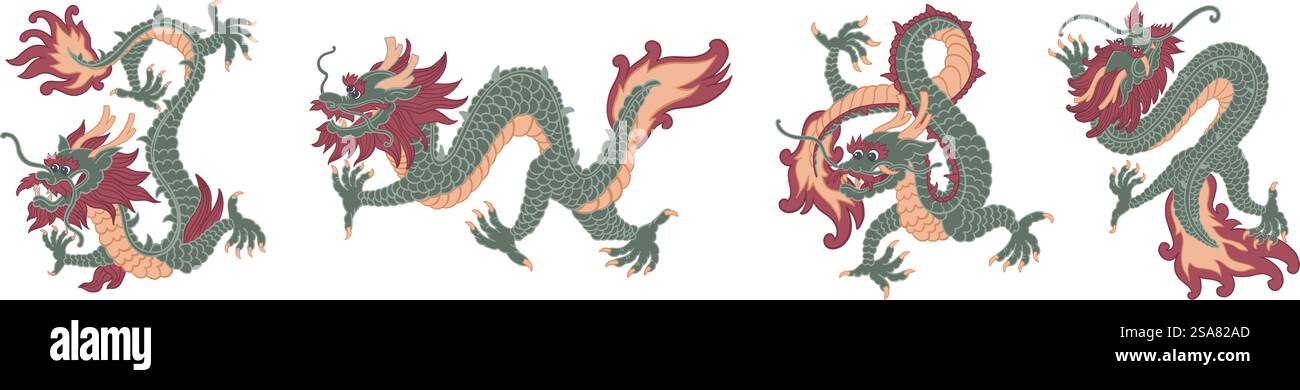 Chinese dragons with muzzles and reptilian tail and claws. Isolated ...