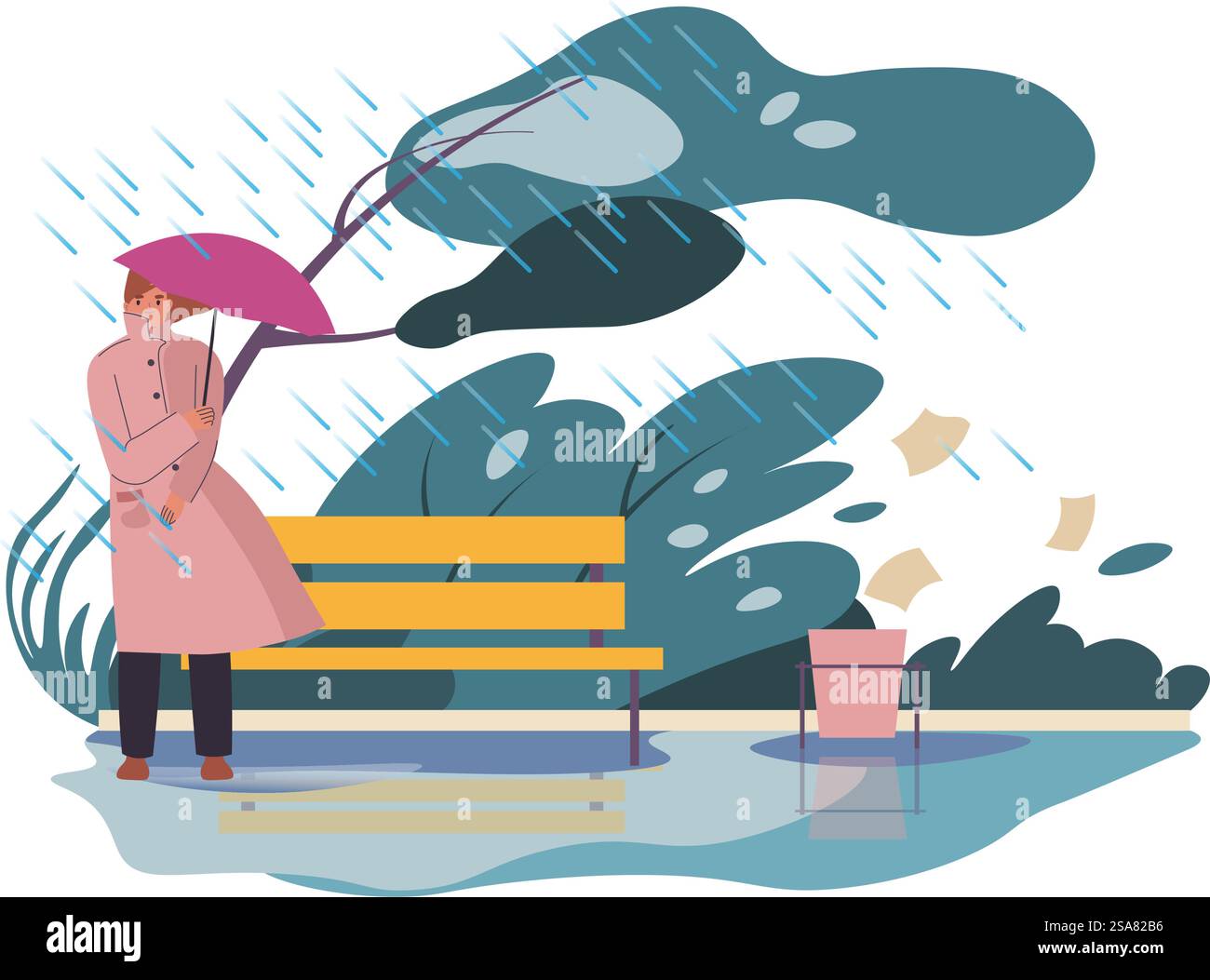 downpour with strong wind, bad weather conditions in cit or town ...