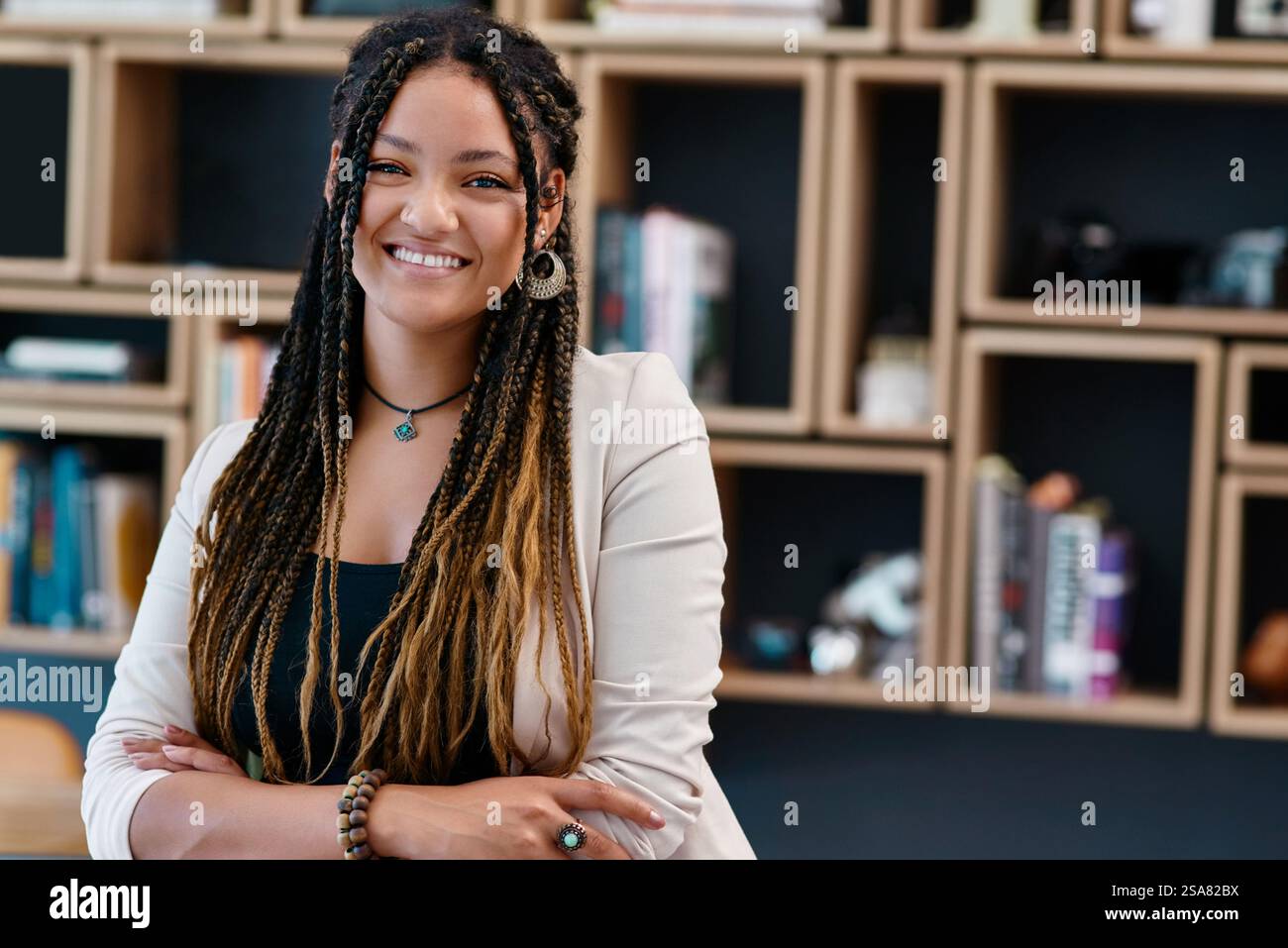 Portrait, happy and woman with arms crossed, office and creative for ...