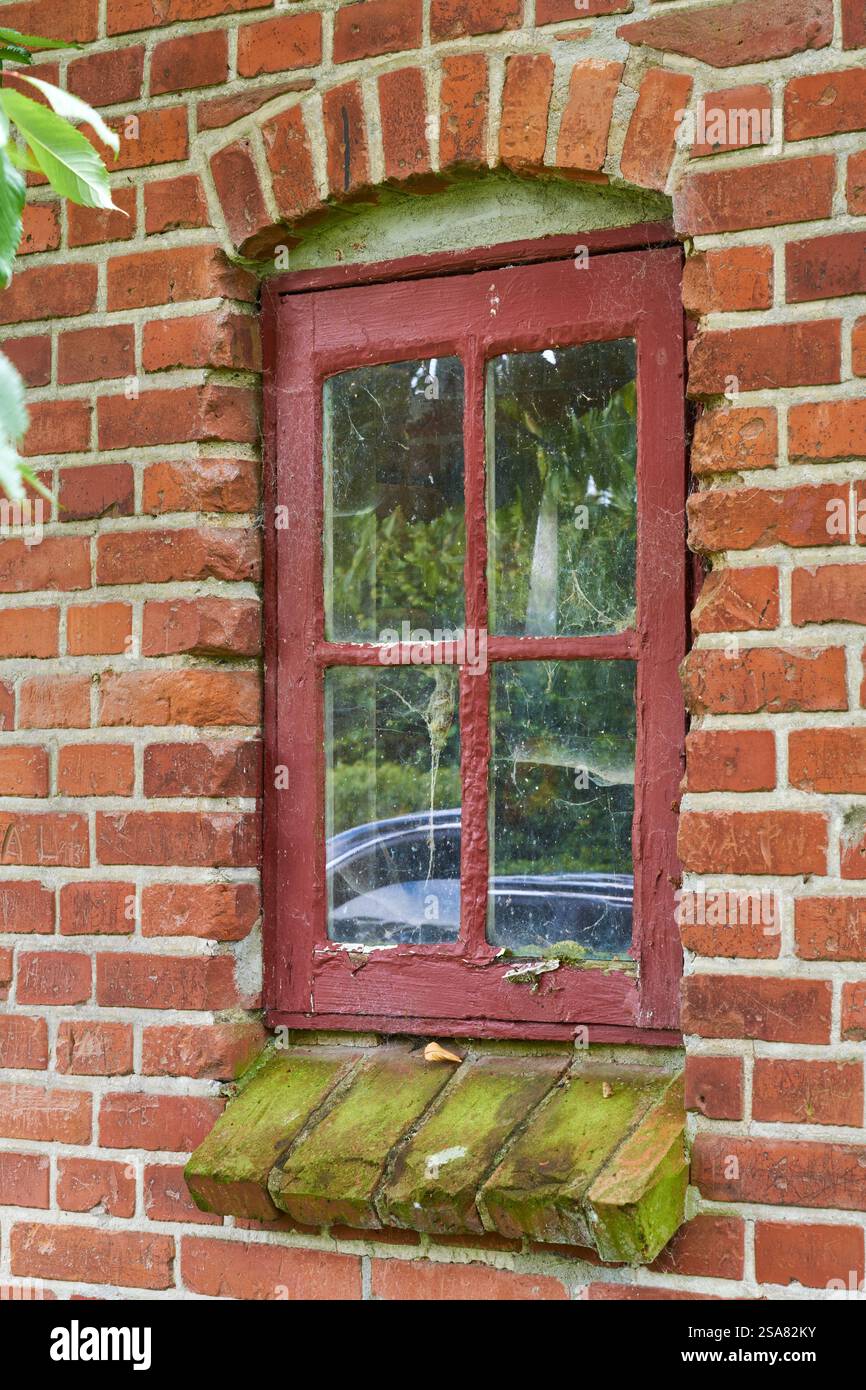 Architecture, frame and brick wall with window on building for exterior ...