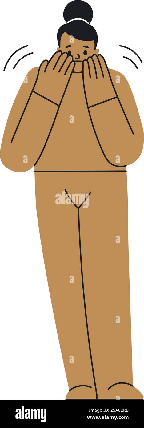 Woman expressing emotion of shame, trying to hide face with hands ...