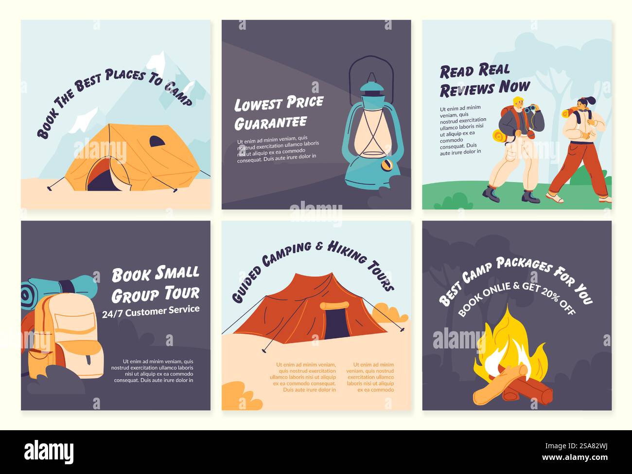 Network post collection with camp tour advertising. Flat man woman ...