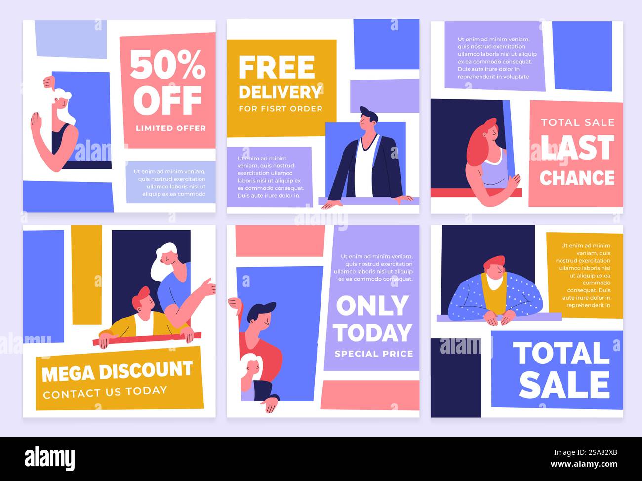 Social media post set for online store sale. Flat man woman character ...