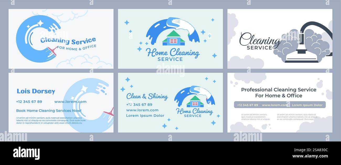 Business card design set for cleaning service ad. Housekeeping work ...