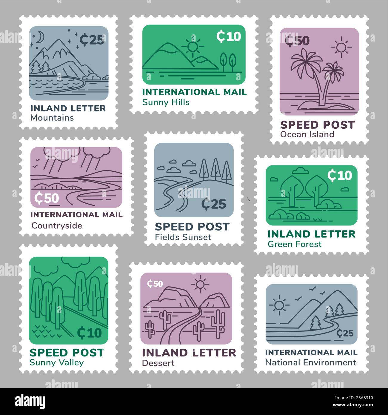Post mark design collection with line landscape. Colorful postage stamp ...