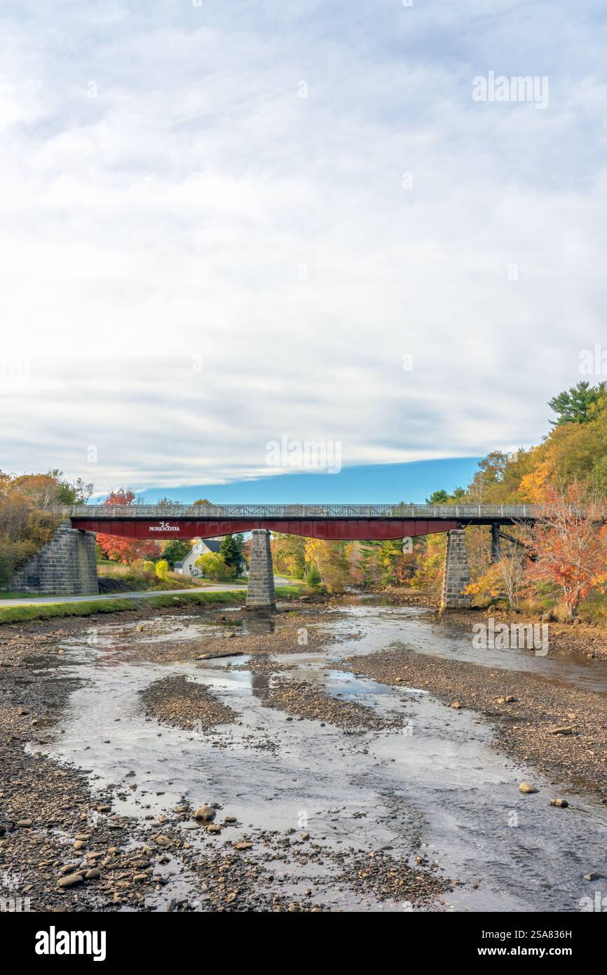 Train bridge over a river near Mahone Bay Nova Scotia in the autumn in ...