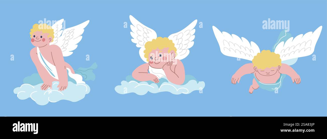 Kids angels with wings flying in heaven. Cute cupid personage leaned on ...