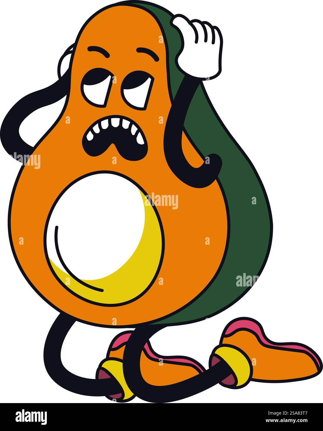 Devastated or scared avocado character standing on knees and holding ...
