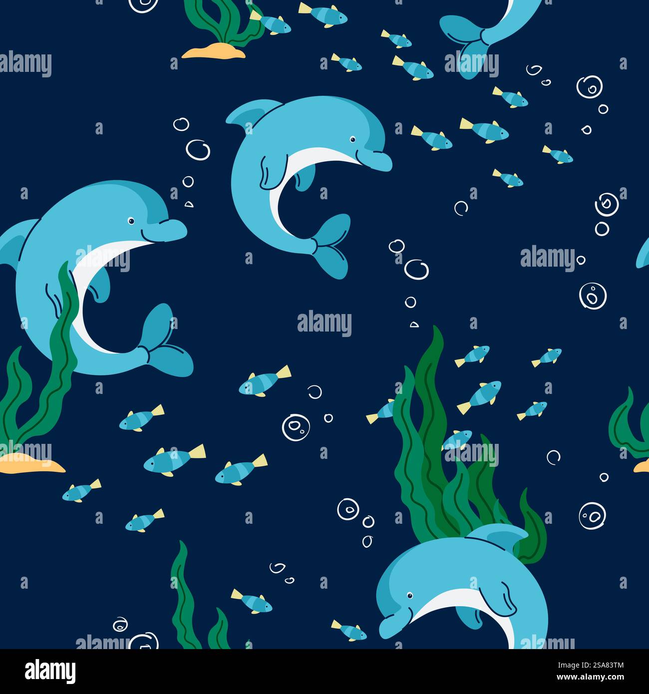 Seamless aquatic pattern featuring dolphins and fish among sea plants ...