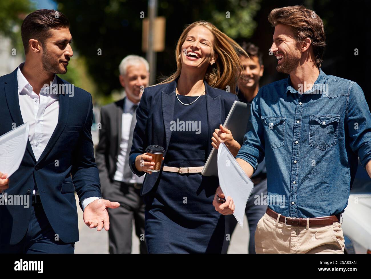 Business people, architect team and outdoor in city, laughing and ...