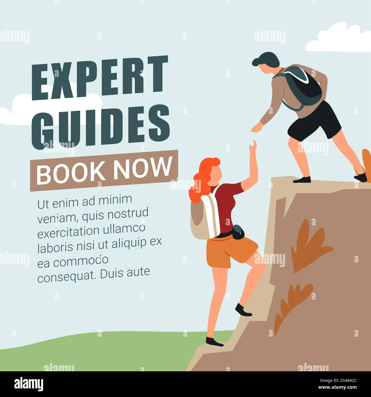 Adventurous travelers with an expert guide on a cliff, vector promotion ...