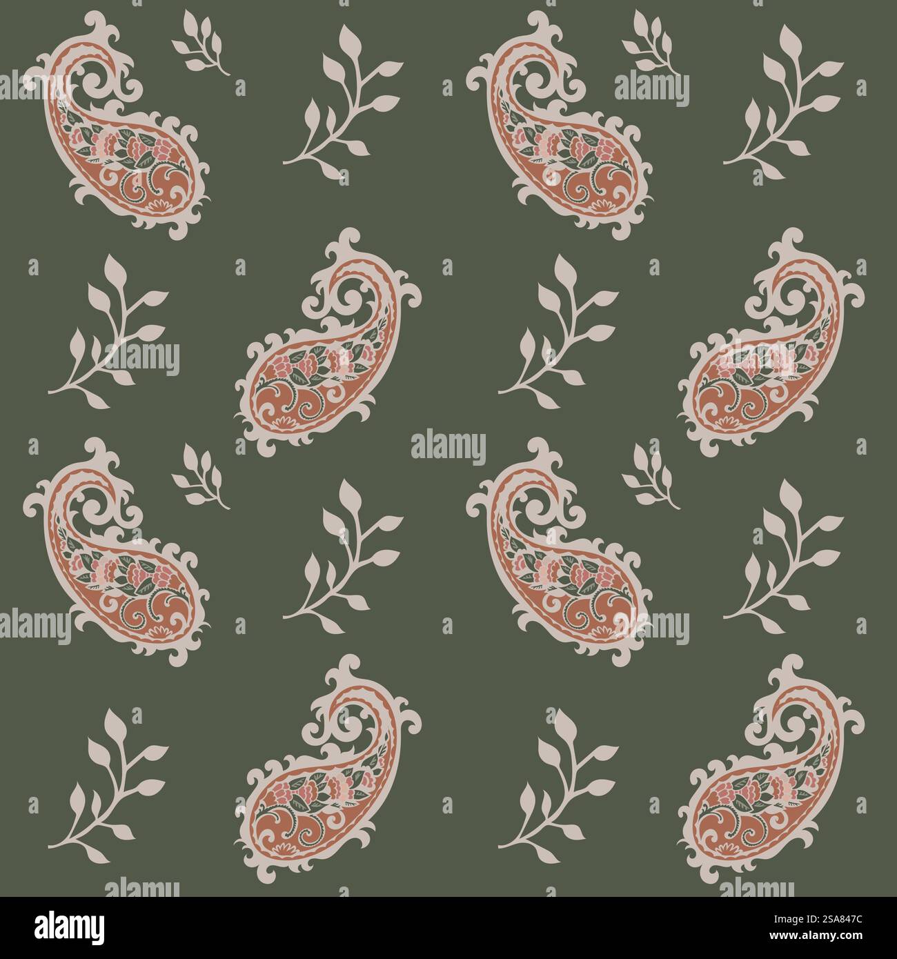 Floral ornament, paisley motif with blooming flowers and leaves ...