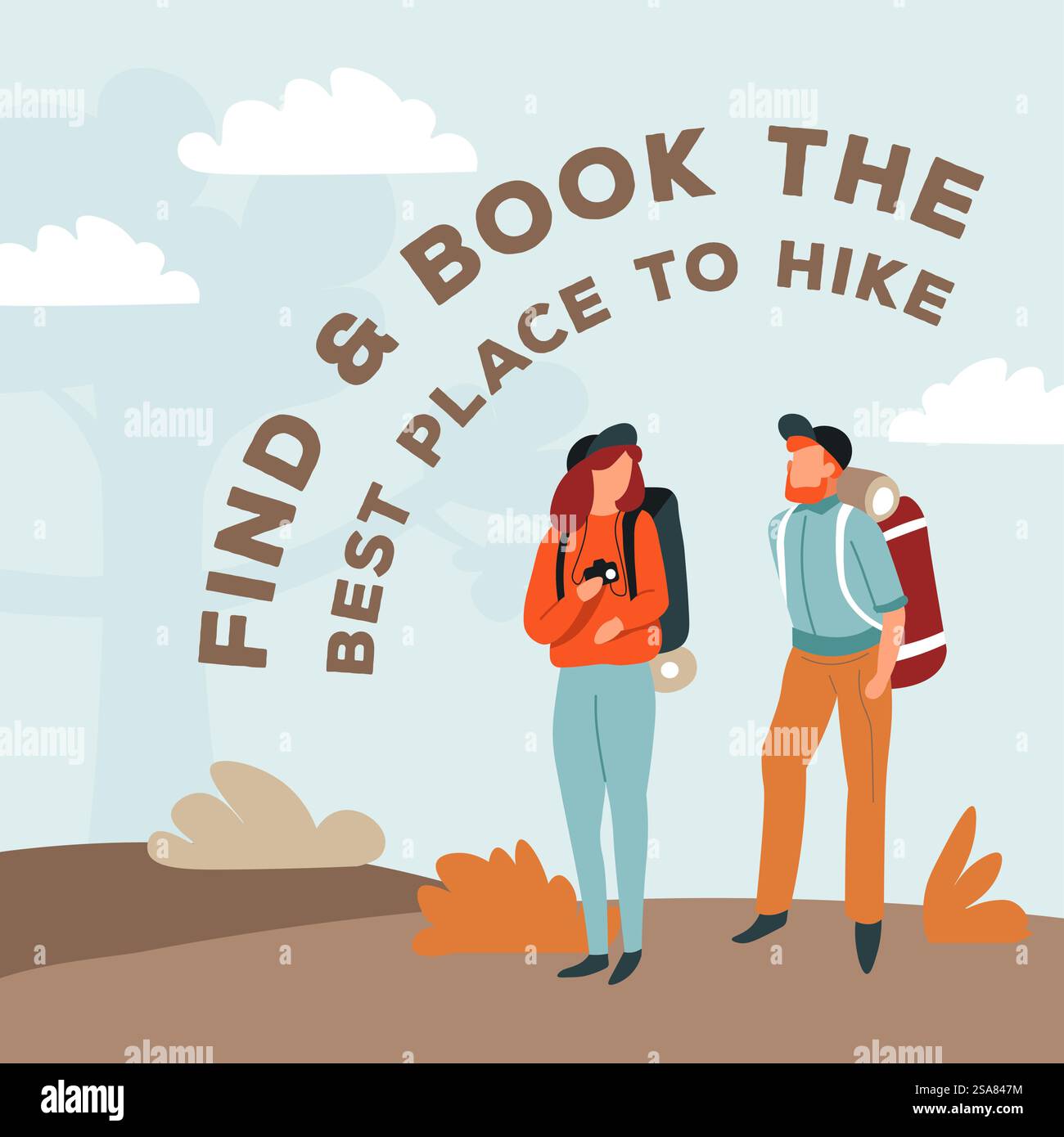 Two hikers with gear looking at the horizon, conceptual vector for finding and booking hiking ...