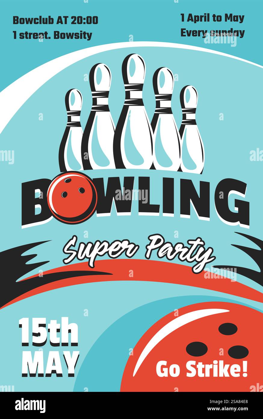 Bowling super party, invitation flyer or card with date and place. Go ...