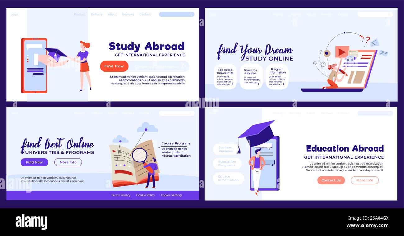 Web banner design set for online education promo. Flat tiny man woman ...