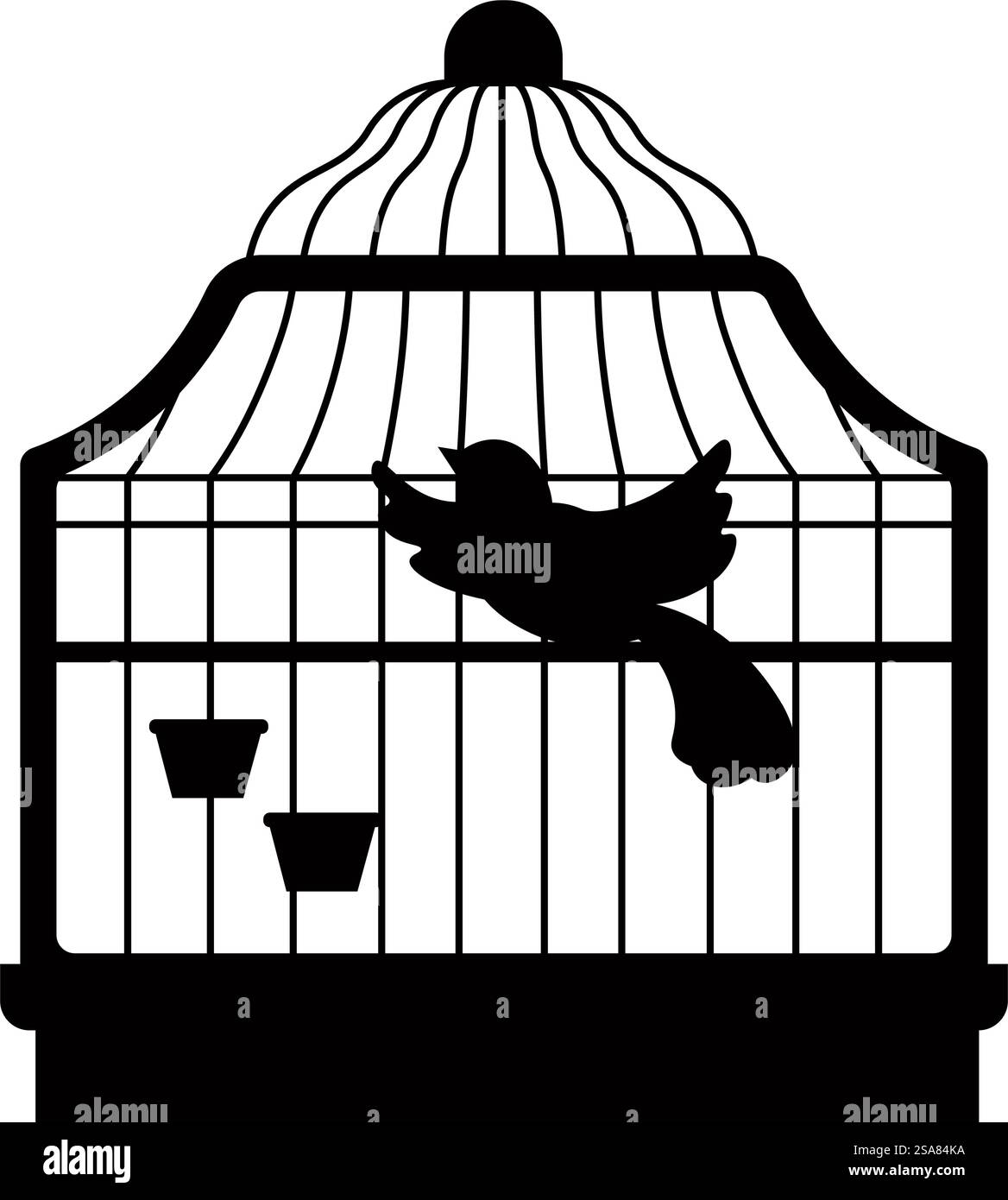 Bird in cage with metal swirls and containers for water. Isolated ...