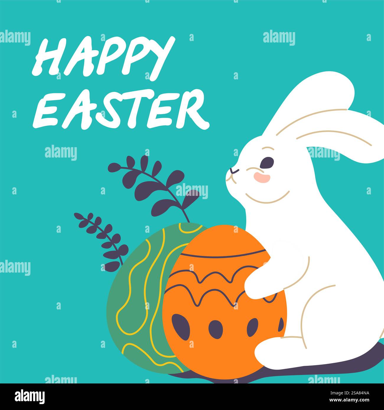 Bunny personage holding egg with dots and stripes print. Cute hare ...