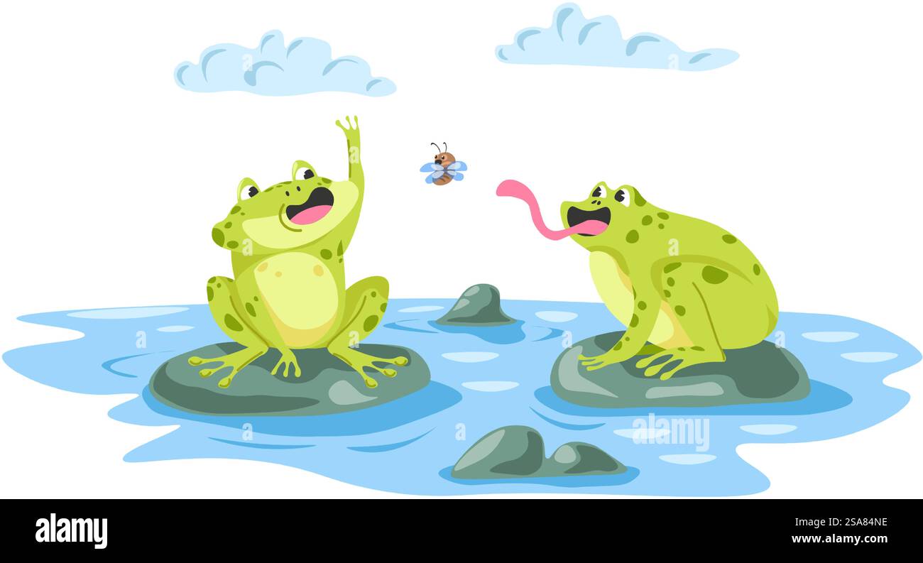 Cartoon frogs sitting on pond on stones hi-res stock photography and ...