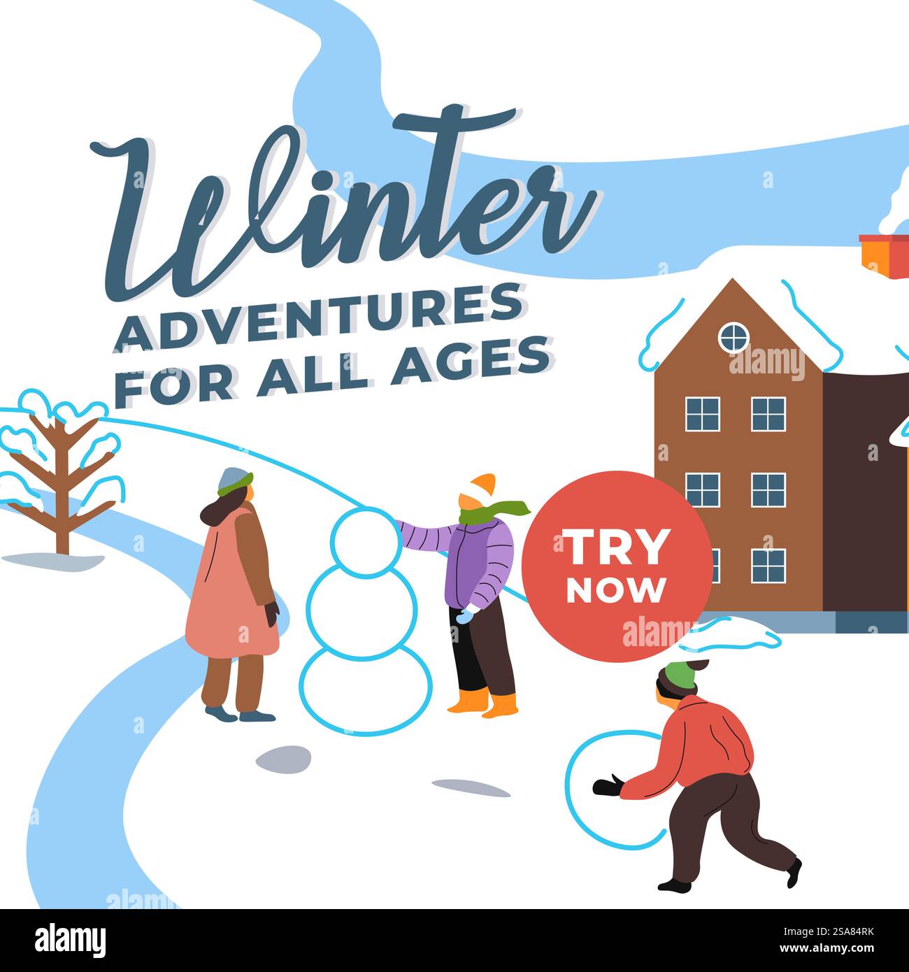Winter adventures for all ages, try now. Family building snowman outdoors, mom and dad with kid ...