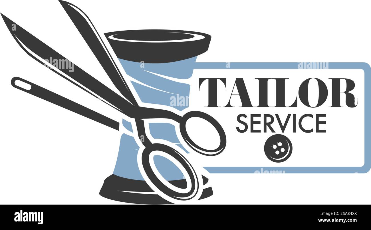 Tailor service logo with scissors and thimble, vector illustration ...