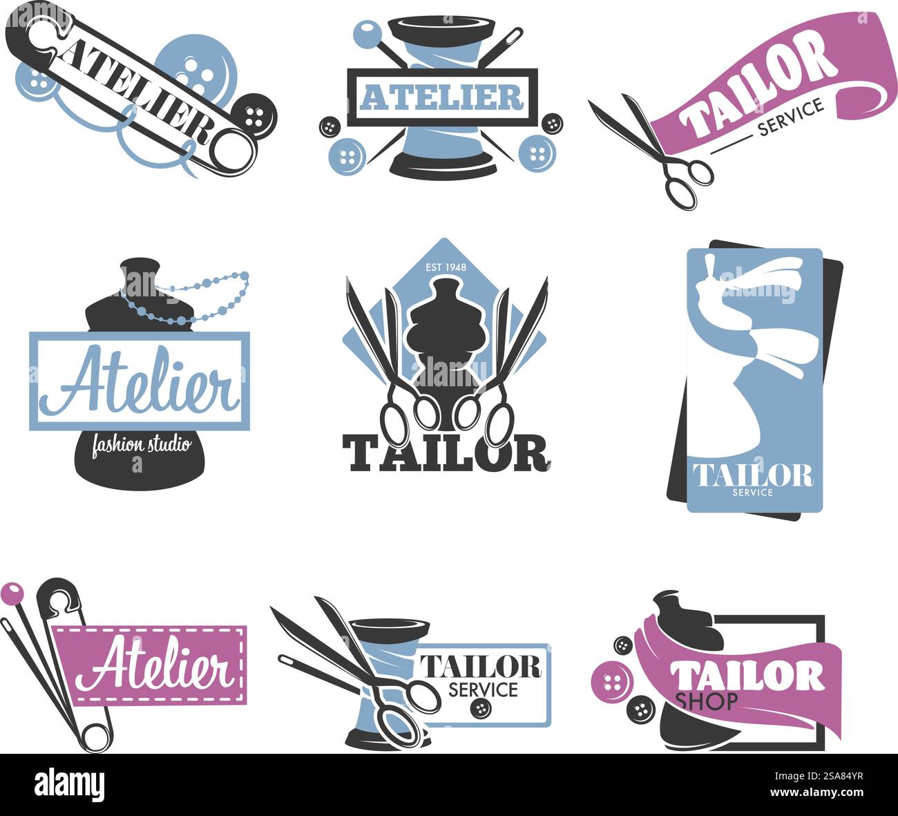 Collection of tailor and atelier logos, vector illustration, various ...