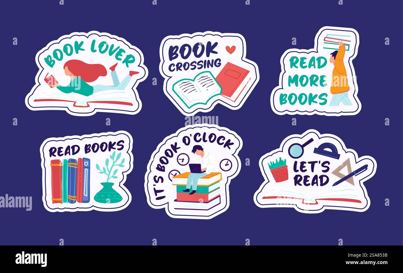 Sticker set with reading book design concept. Colorful label collection ...