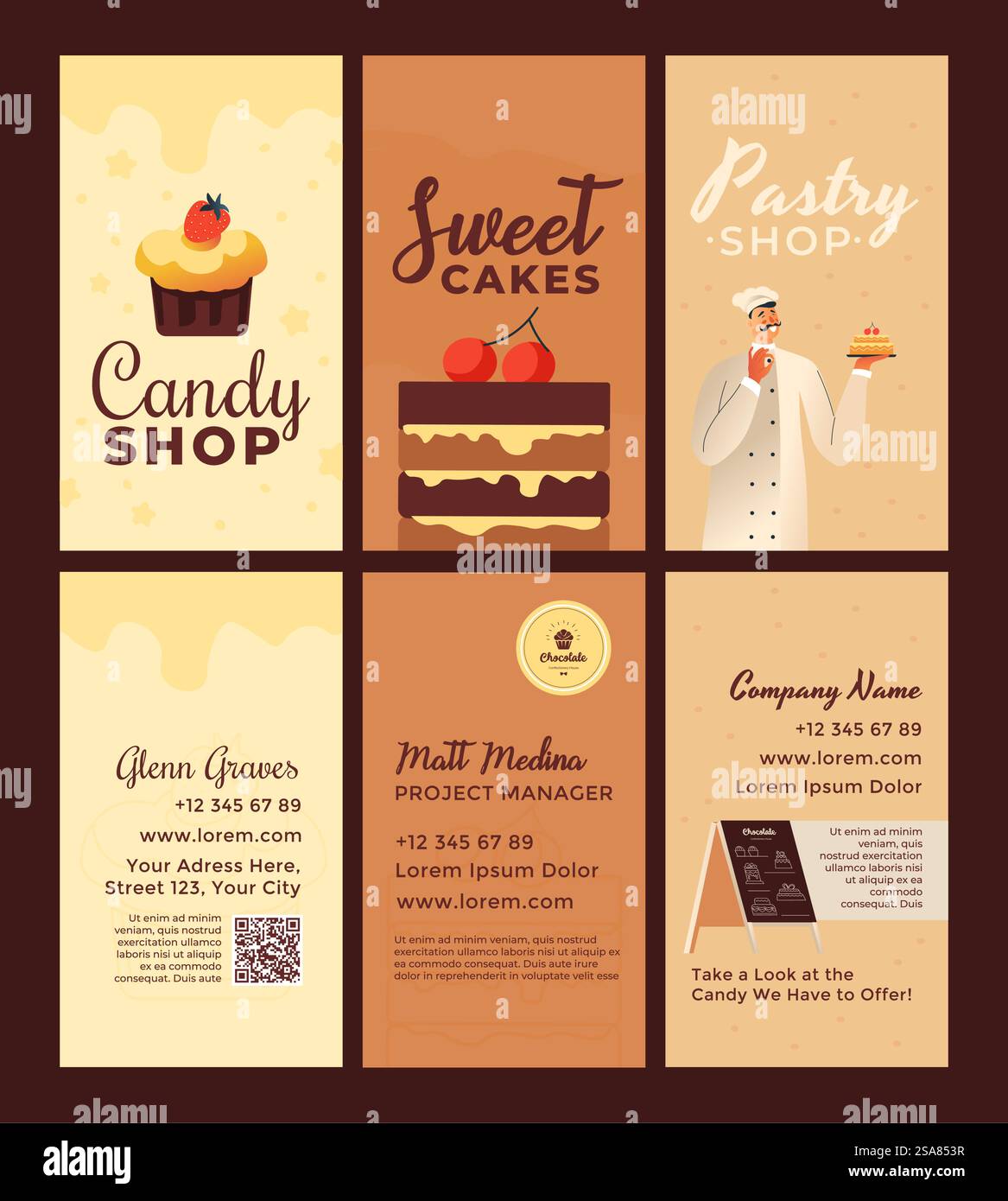 Vertical business card set for candy shop promo. Bakery advertising ...