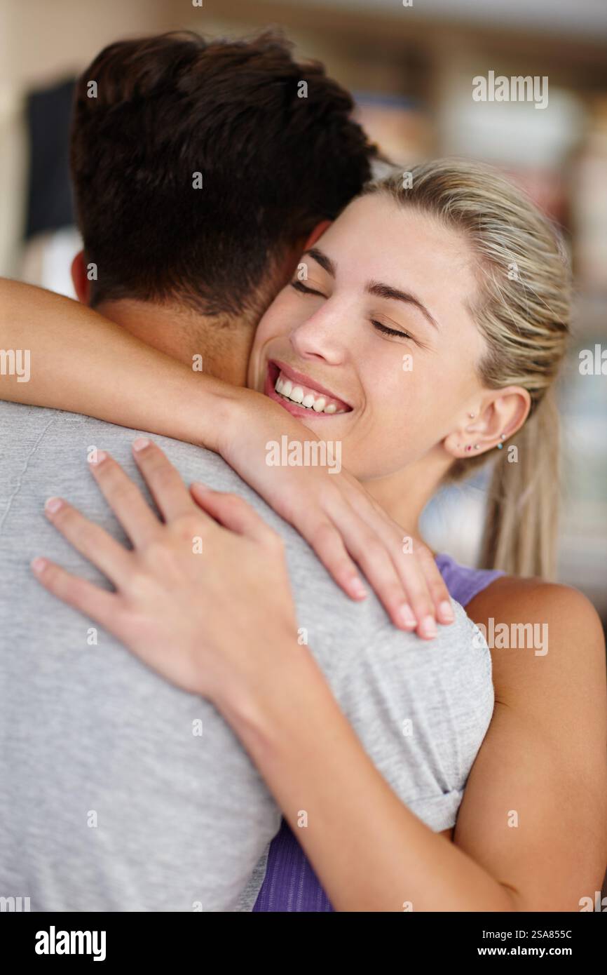 Love, hug and support of couple in house for romance, bonding and ...