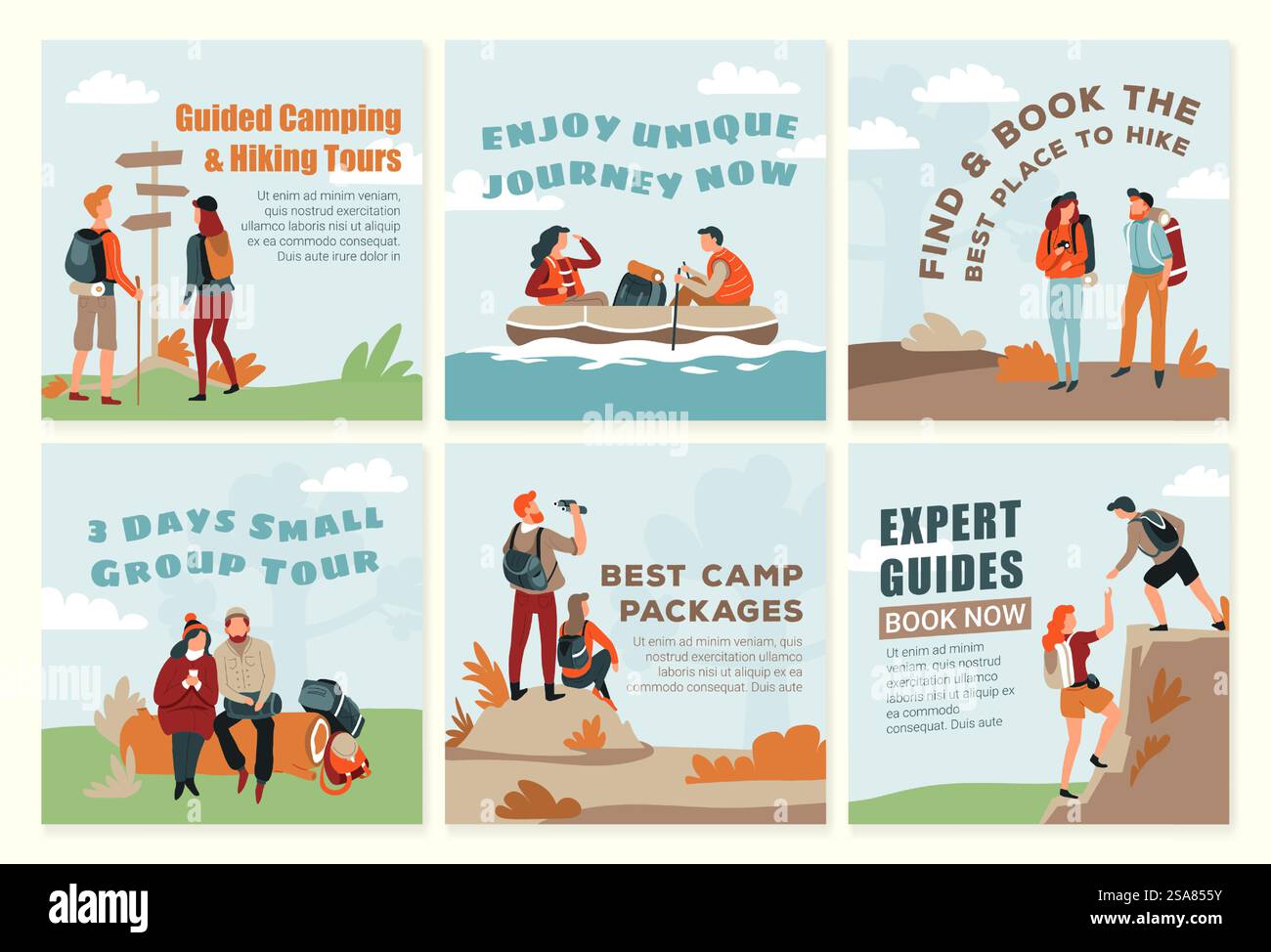 Social media post set with hiking travel offers. Flat man woman ...