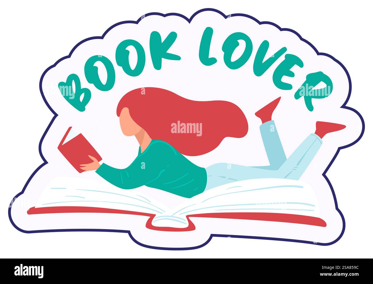 Woman lying on book, reading, flat vector illustration, isolated on ...