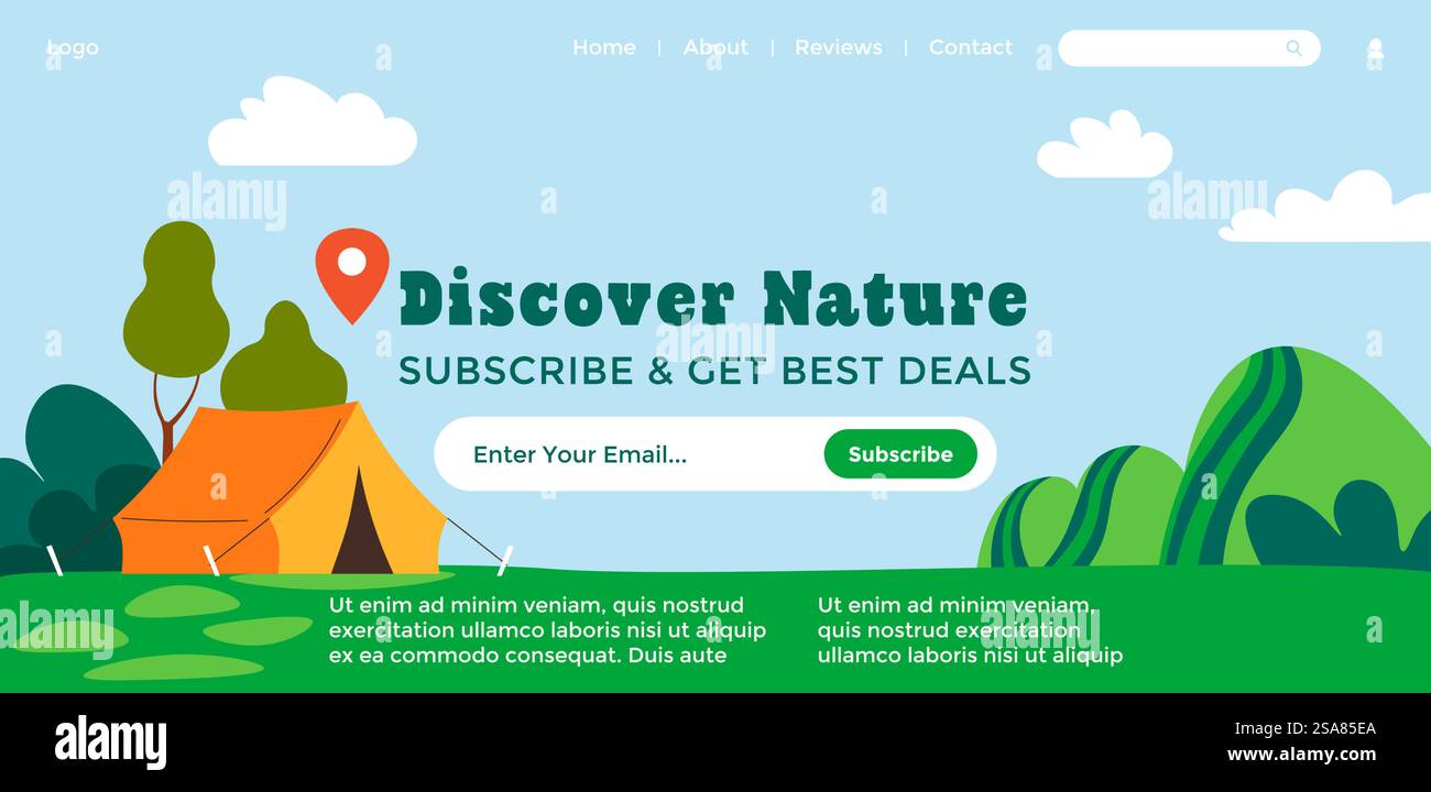 Camping in nature, special price offer, vector illustration, website ...