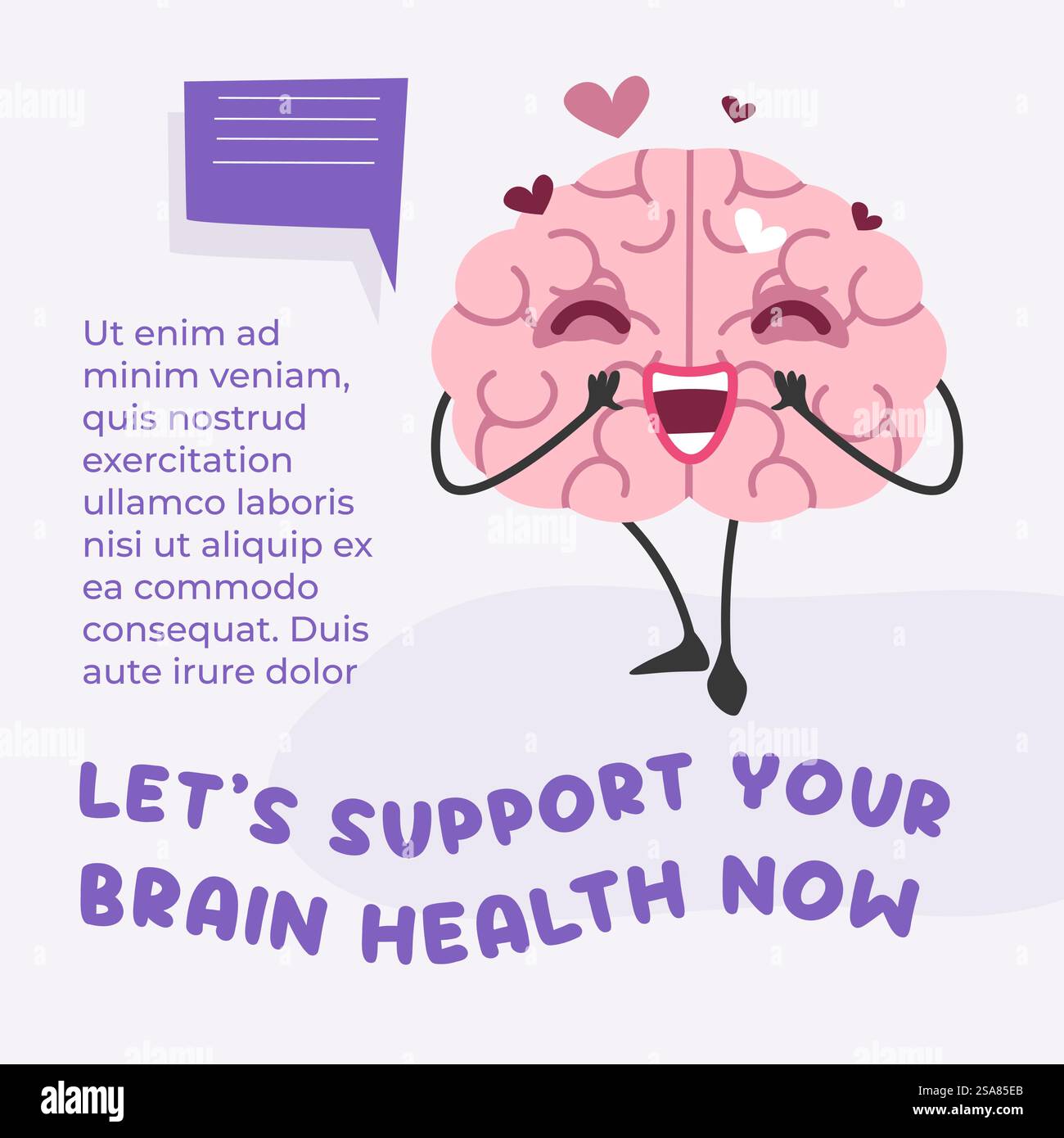 Happy brain character, vector illustration, encouraging brain health ...