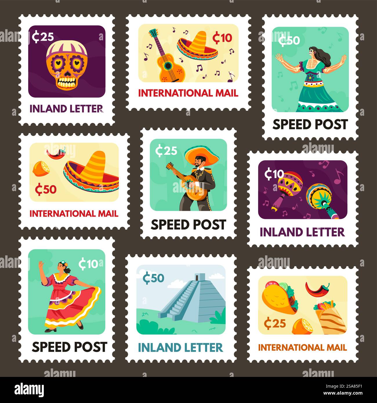 Postage stamp set with mexico culture elements. Cartoon man woman ...