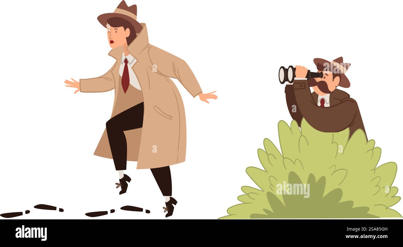 A set of inquisitive sleuth characters performing investigative actions ...