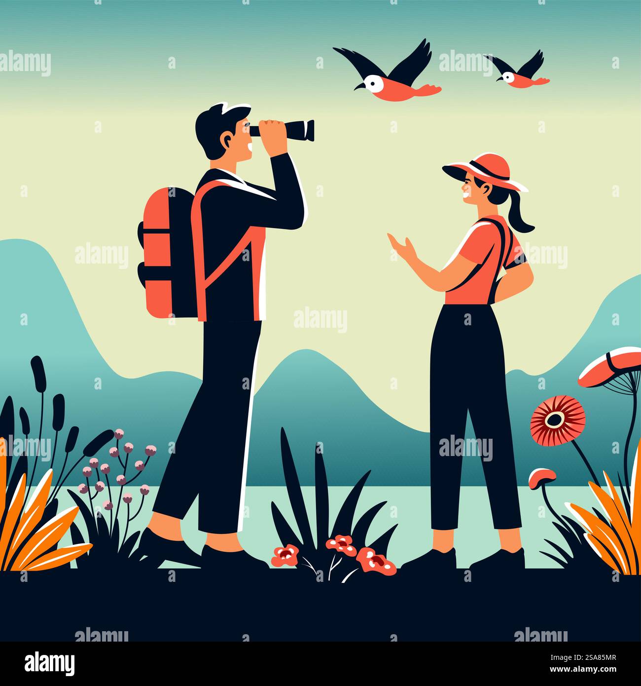 Couple enjoying birdwatching in nature, vector illustration, flat ...