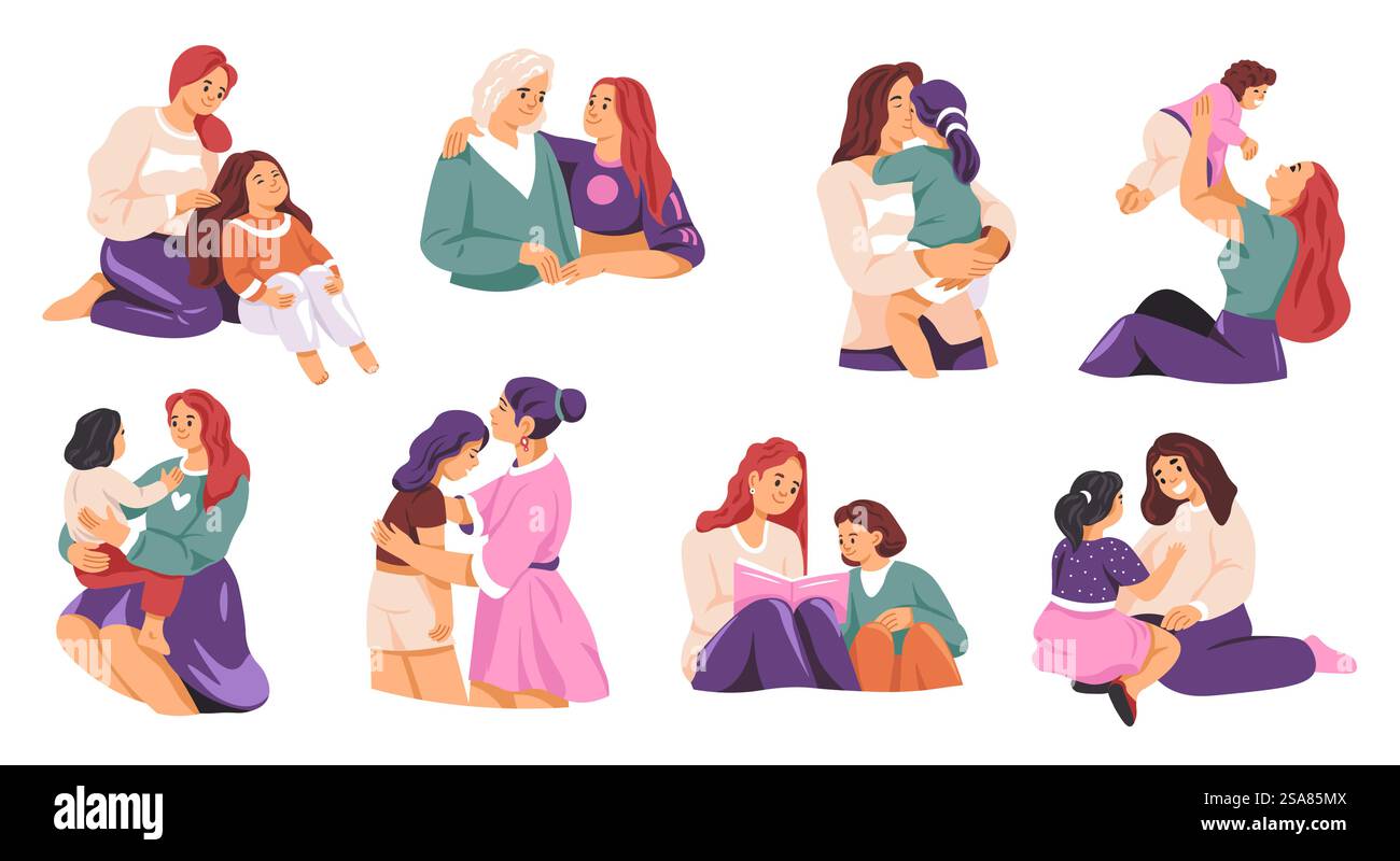 Vector illustrations of mothers and daughters in bonding moments ...