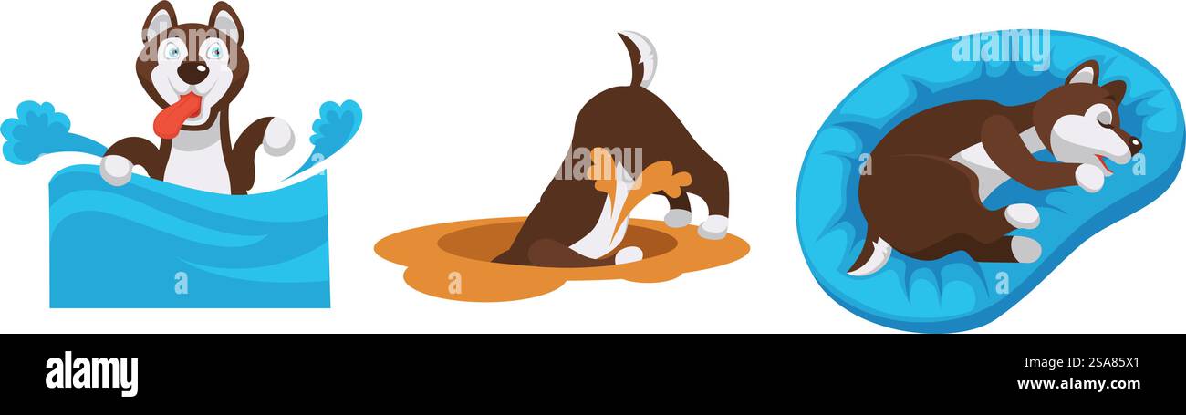 Three animated husky dogs in playful poses, vector illustration ...