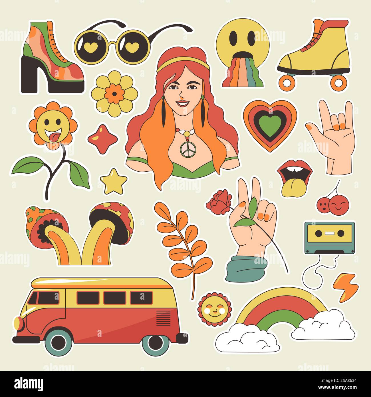 Colorful retro-themed vector stickers showcasing 60s hippie culture ...