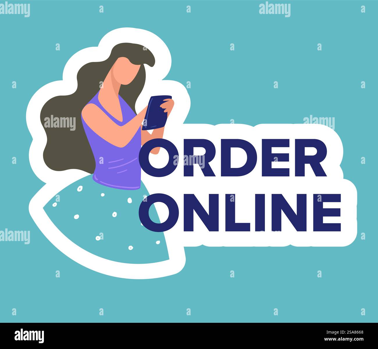 Woman on phone placing order, flat vector, isolated on teal.. Woman ...