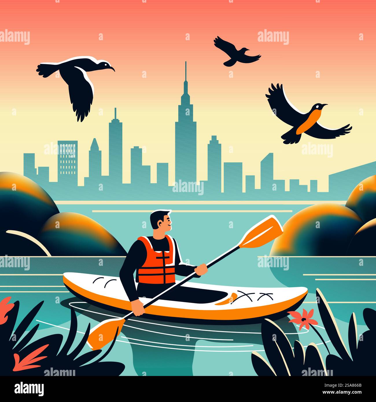 Man kayaking against city skyline at sunset, vector illustration in ...