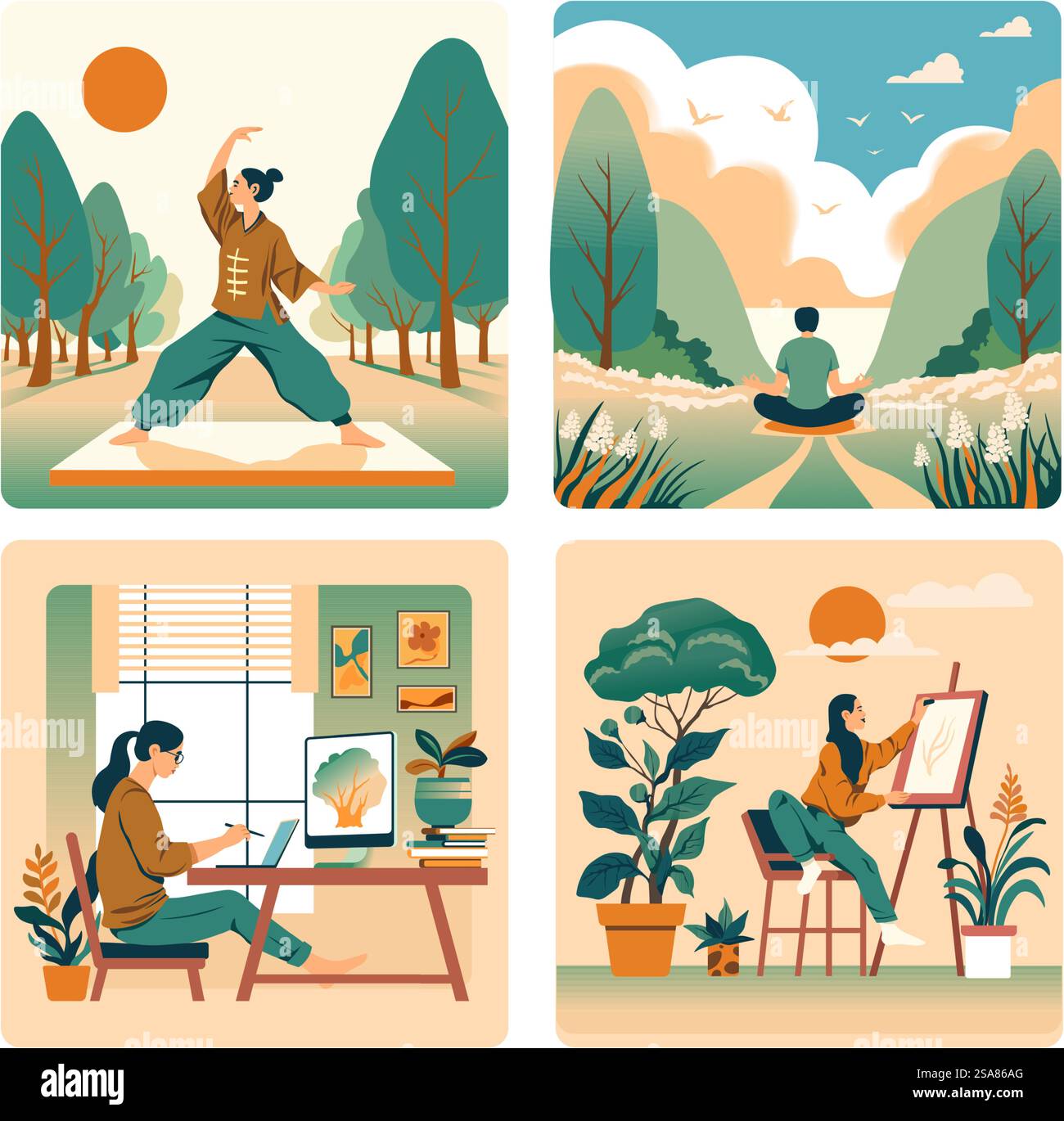 Vector illustrations of peaceful wellness activities and creative home ...