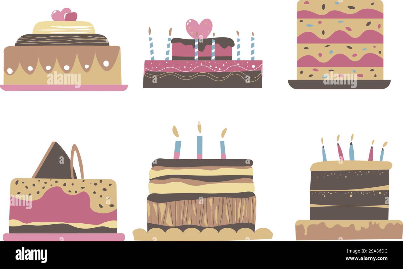 Vector illustration of various birthday cakes, flat design, isolated on ...